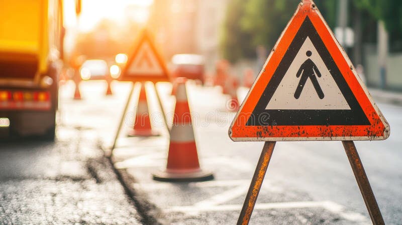Road Construction Signs with Traffic Cones Stock Illustration ...