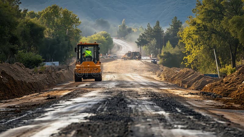 Road Construction Site with Machinery, Trucks, and Workers Reshaping ...