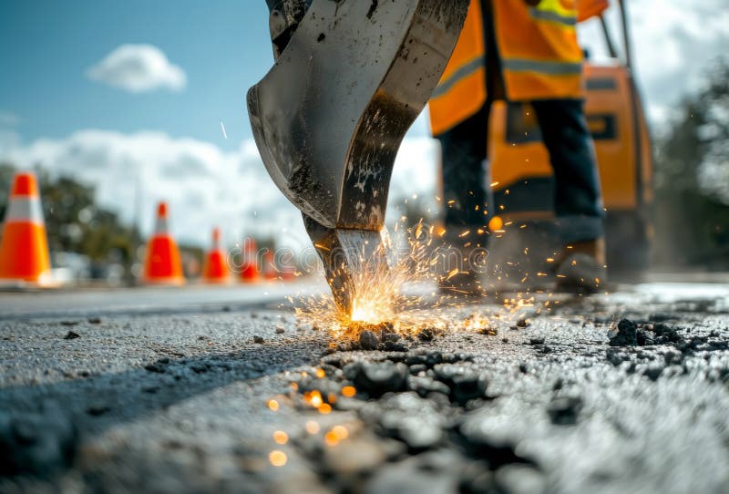 Road Worker Breaks Asphalt with Sparks, Generative Ai Stock ...