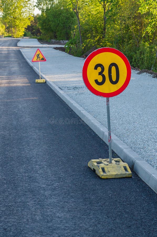 Road Construction Warning Ans Speed Limitation Signs Stock Photo ...