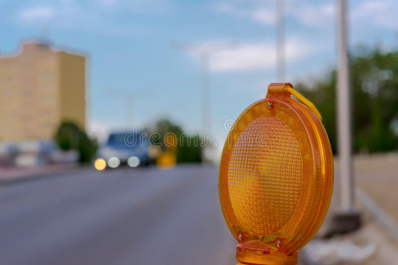 Road Construction - Warning Light on a Newly Constructed Road. Stock ...