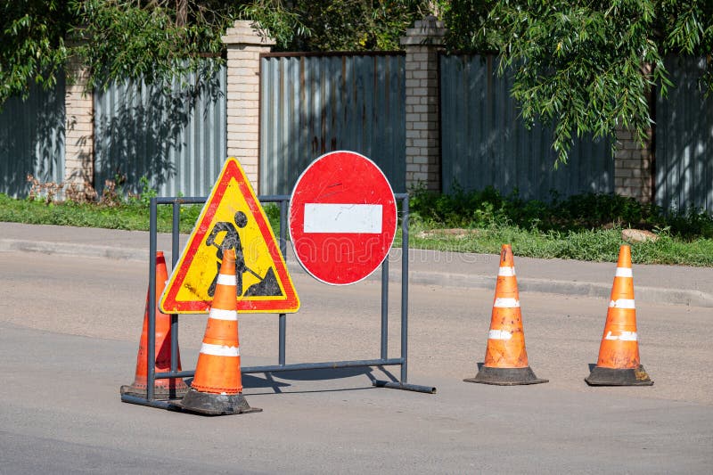 Road Construction Warning Signs Stock Image - Image of cone ...