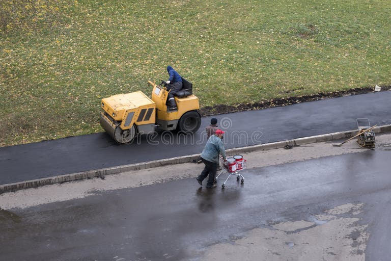 Road Construction Worker Compactes Fresh Asphalt Stock Image - Image of ...