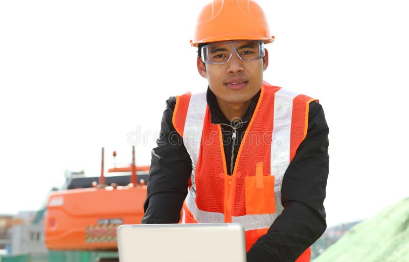Road Construction Worker Using Laptop Stock Photo - Image of excavator ...