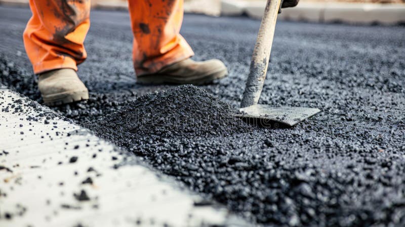 Road Construction Worker Leveling Asphalt with a Shovel. Stock Photo ...