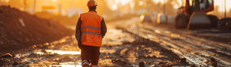 Road Construction Worker in Reflective Vest and Helmet Overlooking ...