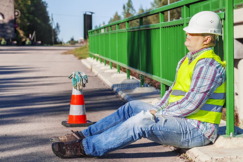 Road Construction Worker Sleep on the Bridge Stock Photo - Image of ...