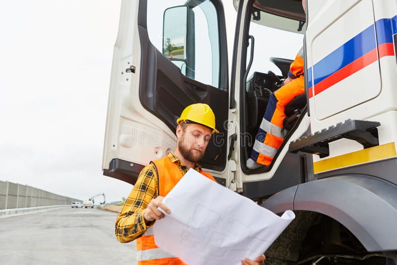 Road Construction Worker Stands with a Map at the Truck Stock Image ...