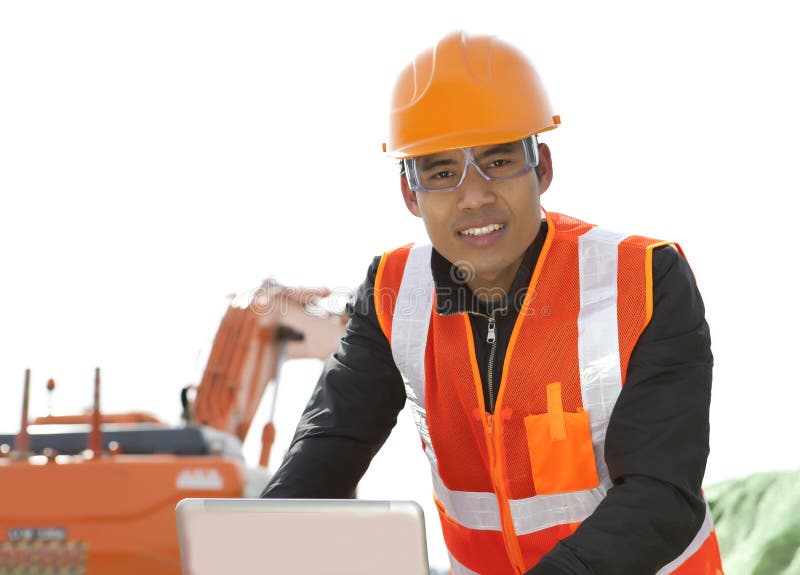 Road Construction Worker Using Laptop Stock Photo - Image of excavator ...