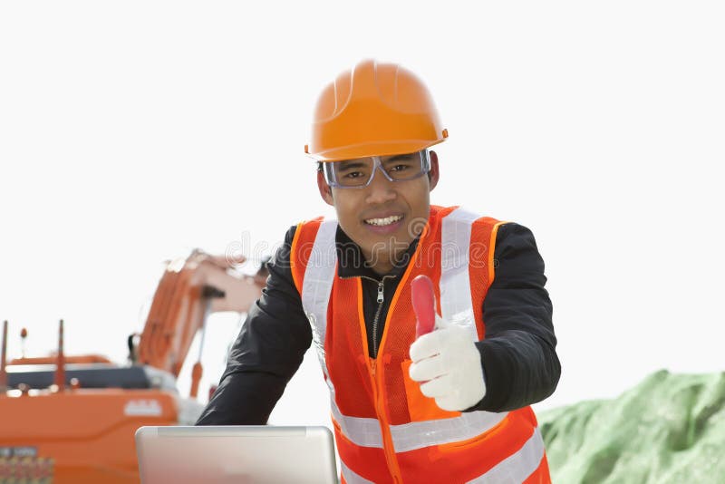 Road Construction Worker Using Laptop Stock Photo - Image of heavy ...