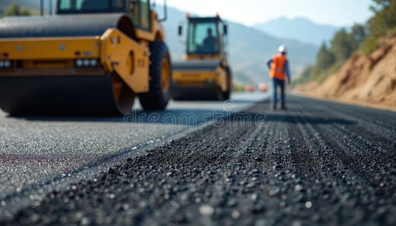 Road Construction Workers Compact Fresh Asphalt. Heavy Machinery, Road ...