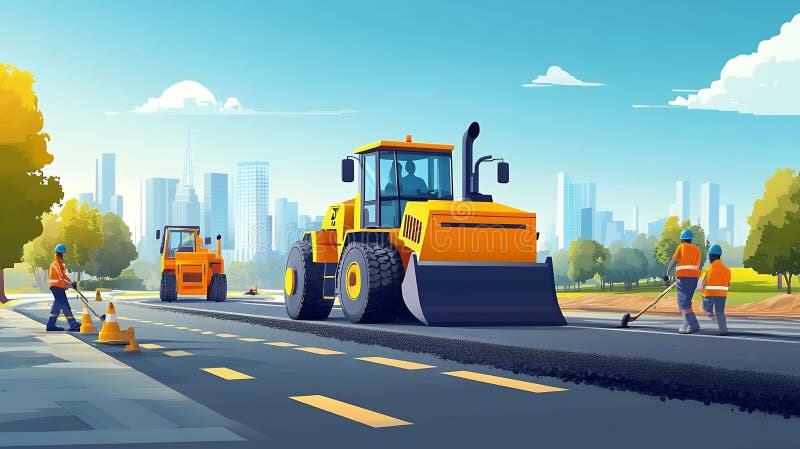 Road Construction Workers and Heavy Machinery Pave a New Road in a ...