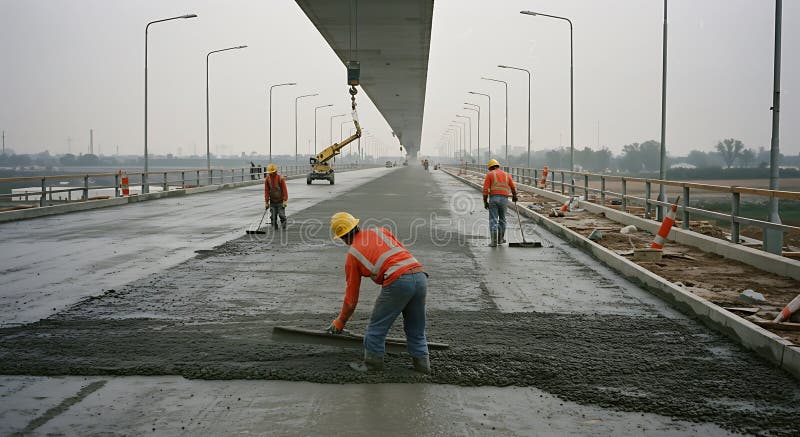 Road Construction Workers Smooth Concrete on Highway Bridge Project ...