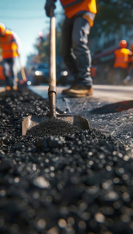 Road Construction Workers Spreading Asphalt Under Bright Sunlight with ...