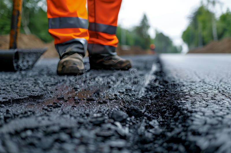 Road Construction Workers& X27; Teamwork, Tarmac Laying Works at a Road ...