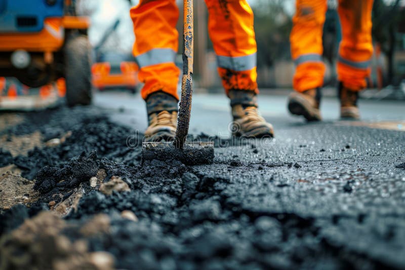 Road Construction Workers& X27; Teamwork, Tarmac Laying Works at a Road ...