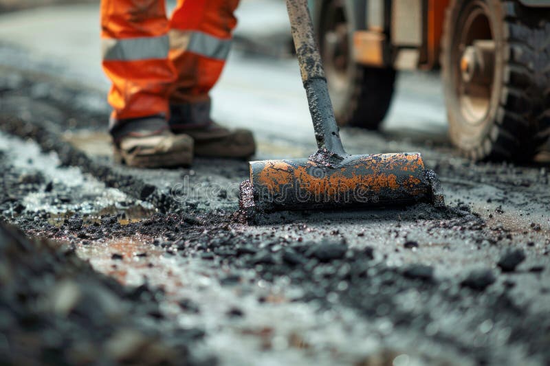 Road Construction Workers& X27; Teamwork, Tarmac Laying Works at a Road ...