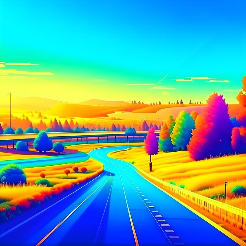 A Road through the Countryside. an Empty Blue Road with a Steep Curve ...