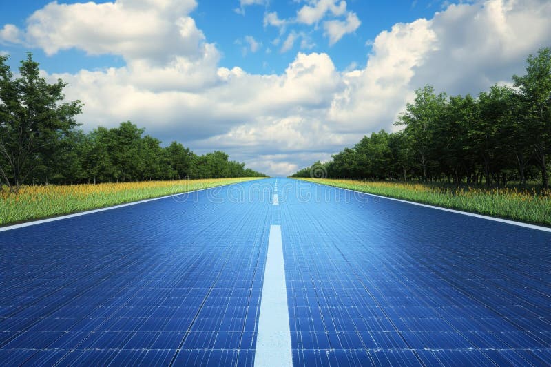 Road Covered with Solar Panels Under a Bright Sky Surrounded by Lush ...
