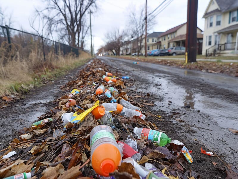 A Road is Covered in Trash, Including Plastic Bottles and Cans Stock ...