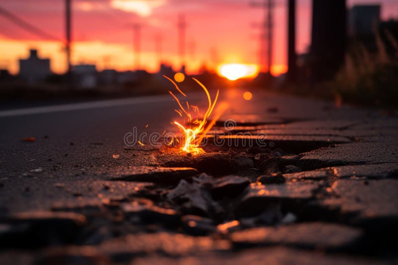 A Road with a Crack in the Middle of it and a Fire Burning in the ...