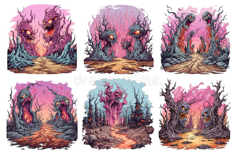 Road through Cursed Forest among Horrible Monsters. Sinister Path Via ...