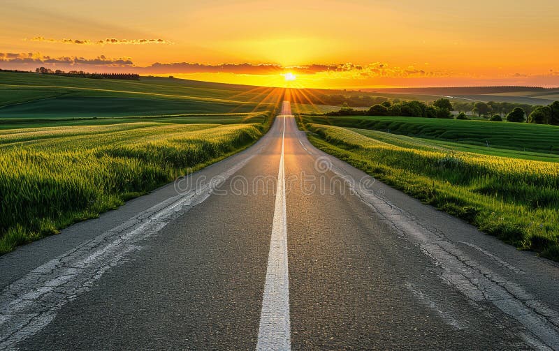 Road Cuts through Green Field at Sunset Stock Image - Image of view ...