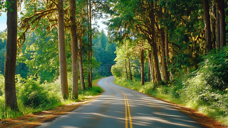 Road Cutting through Dense Forest, Towering Pines on Either Side Stock ...