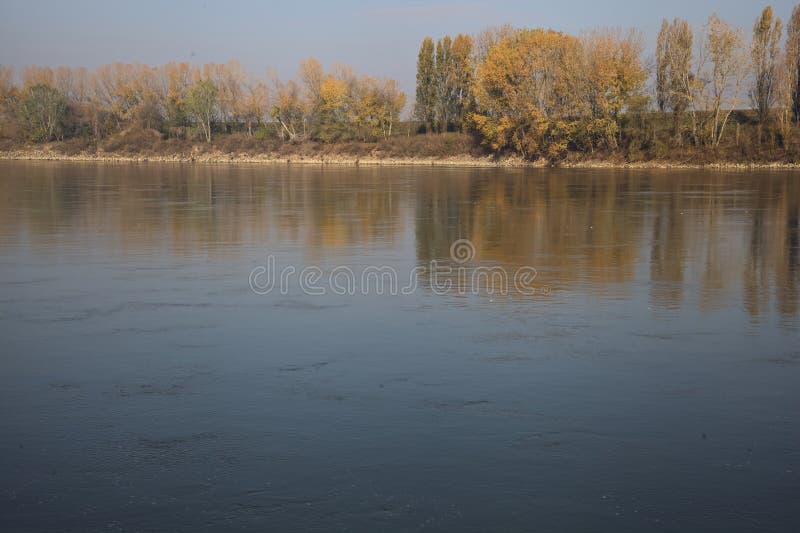Road with Cypresses on an Embankment by a River with Its Reflection on ...