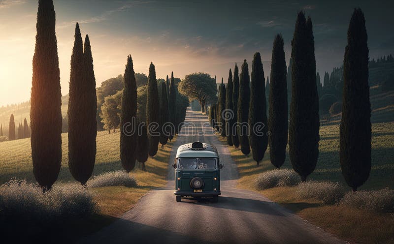 On the Road: a Delivery Van Driving through a Tree-Lined Landscape ...