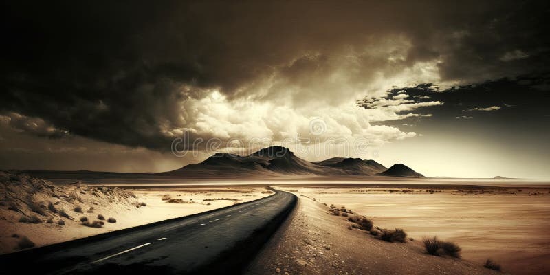Road in the Desert with Dramatic Sky and Clouds, Panoramic View ...