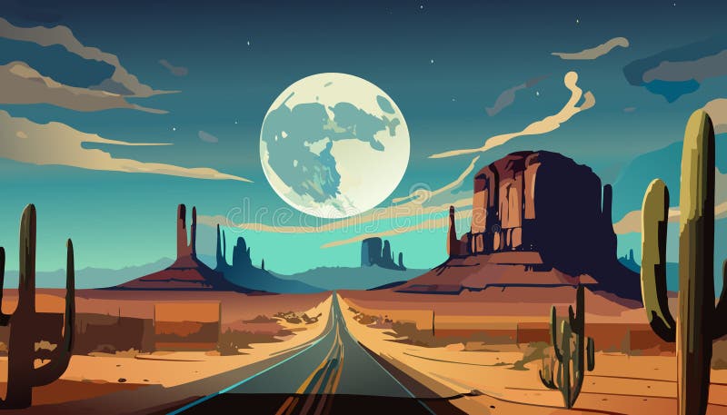 Road through the Desert at Night with Full Moon. Vector Illustration ...