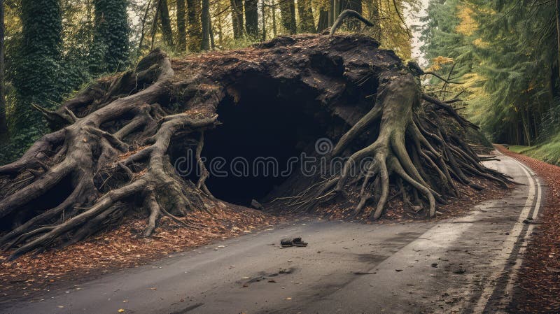 Road down trees stock image. Image of hazard, fallen - 369582993