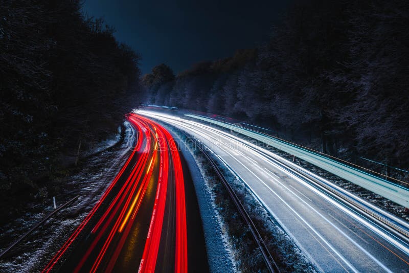 Road in England during the First Snow Night 2021 Stock Photo - Image of ...