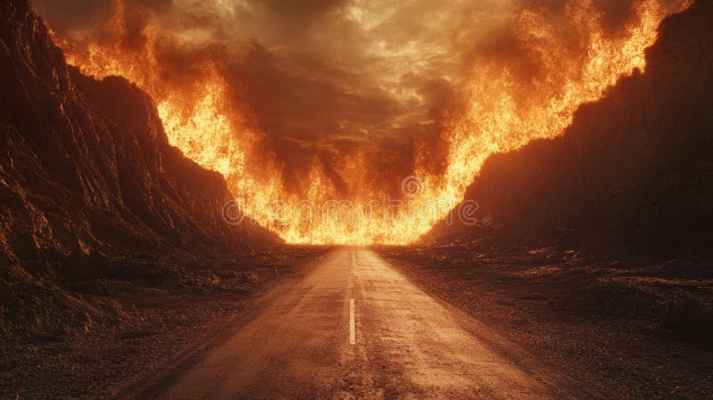 A Road is Engulfed by a Fire in the Middle of the Night Stock ...