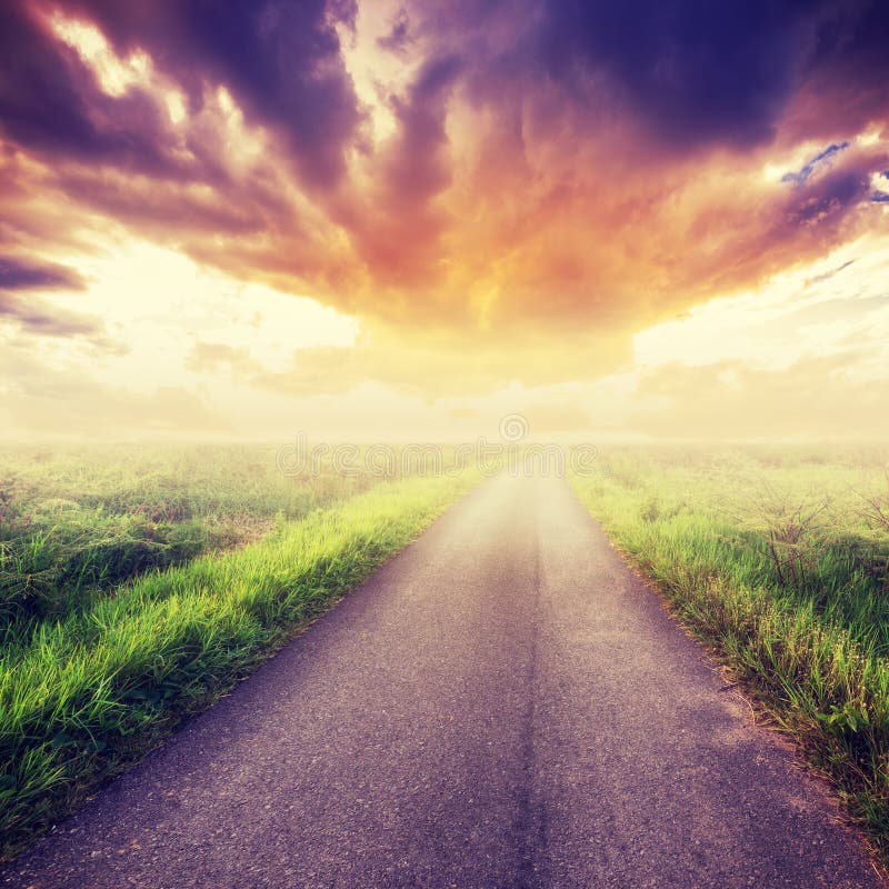 Road in Country and Field with Sunlight. Stock Photo - Image of sunset ...