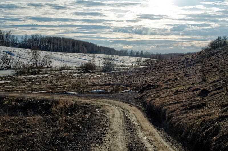 Road through the Field in Early Spring Stock Photo - Image of wood ...