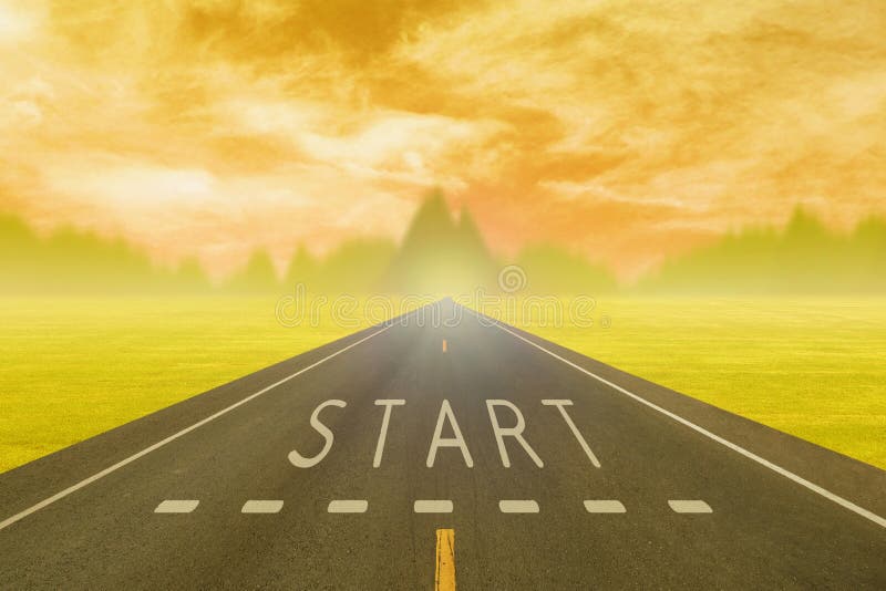 Road through the Field with Sign Start on Asphalt at Sunset Stock Image ...