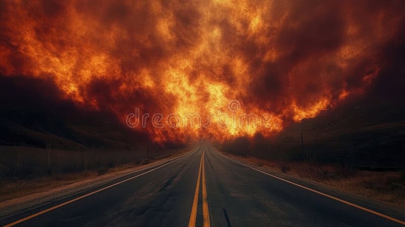 A Road with a Fire in the Distance Stock Illustration - Illustration of ...