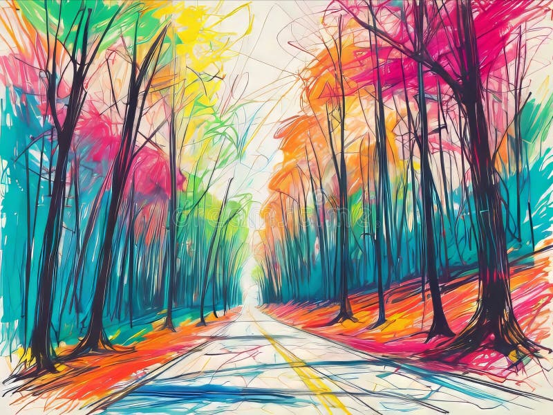 Road in Forest in Chaotic Wax Crayon Drawing Style Stock Image - Image ...