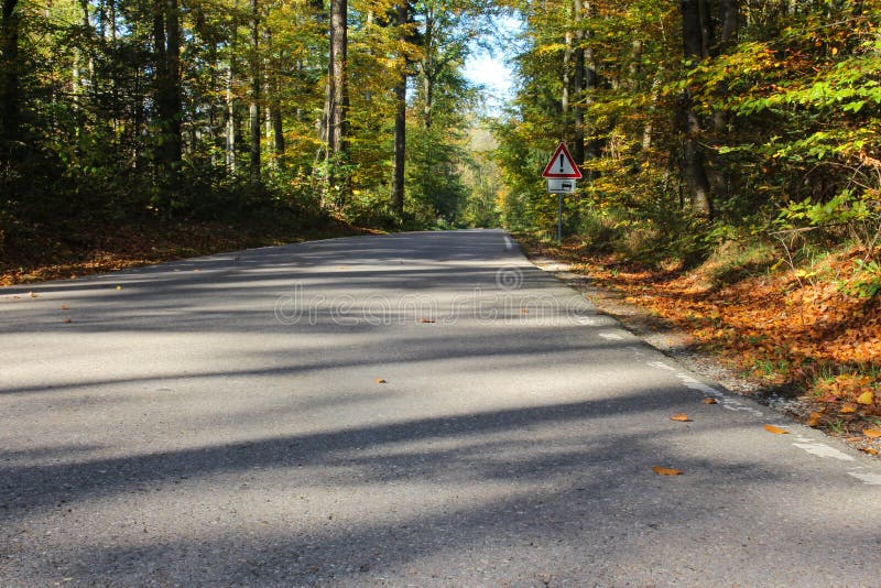 Road through Forest with Danger Sign Unpaved Edge Strip Stock Photo ...