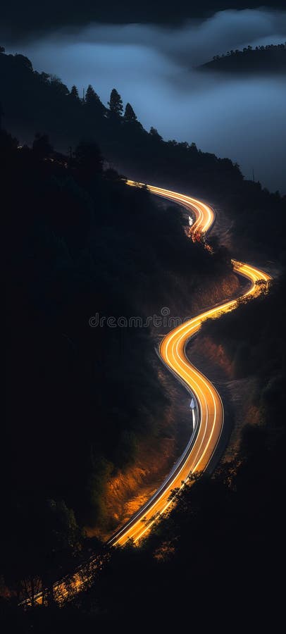 Road in the Forest, in the Mountains at Night Stock Illustration ...