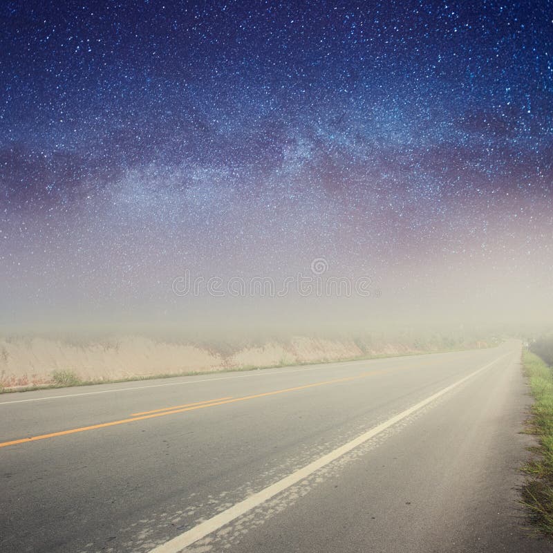 Road in Forrest and Star Night for Destination Stock Photo - Image of ...