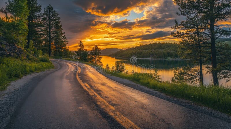 A Road Going Down a Hill Next To a Lake Stock Illustration ...
