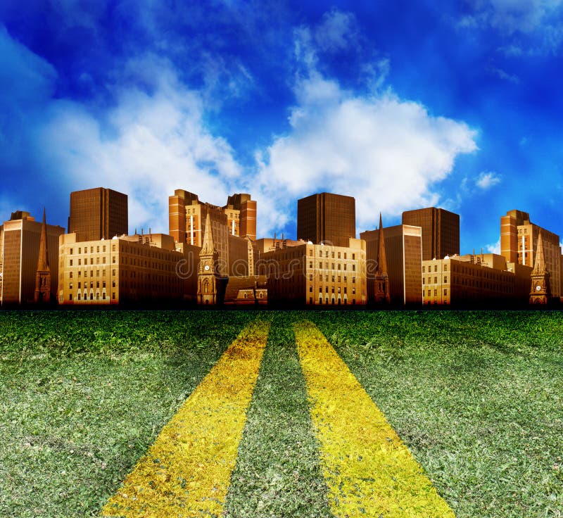 Road with Grass Going into the City Stock Image - Image of outdoor ...