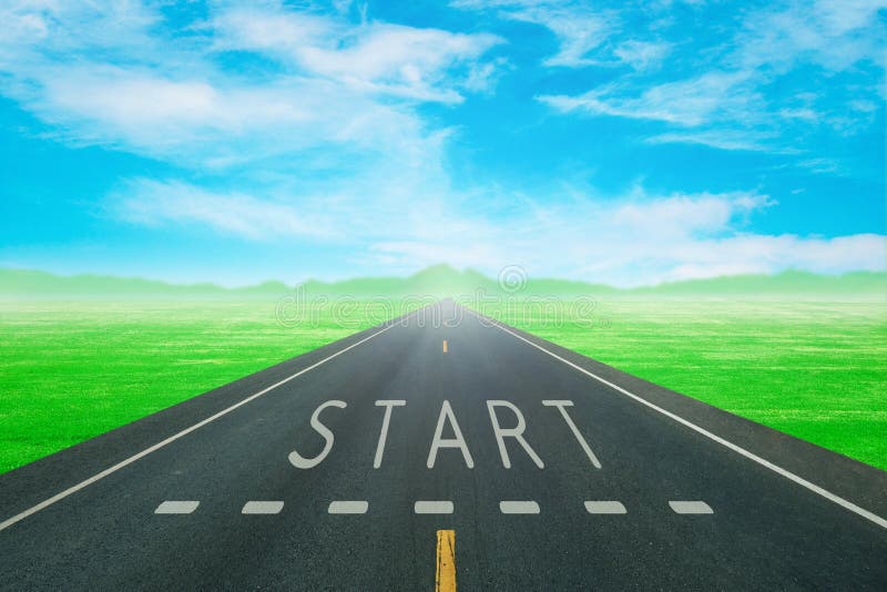Road through the Green Field with Sign Start on Asphalt Stock Image ...