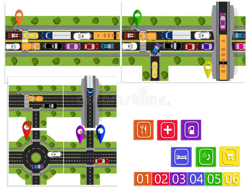 Set Of Abstract Road Junction. Crossroads Of Various Roads. Roundabout ...