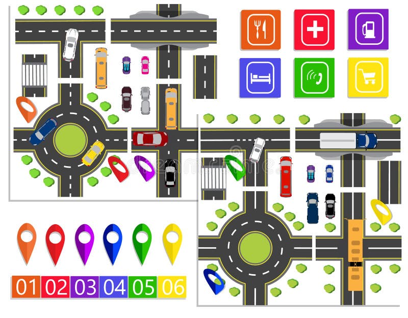 Set of Abstract Road Junction. Crossroads of Various Roads. Roundabout ...