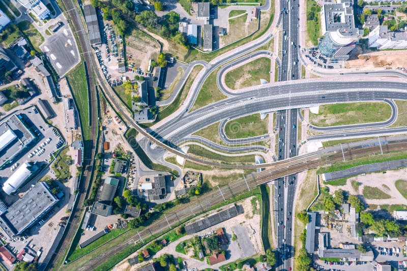 Road Intersection with Rail Tracks. Aerial View Stock Photo - Image of ...
