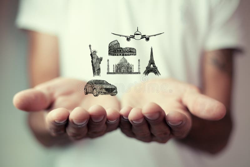 Road Island with Travel Objects and World`s Well Known Stock Photo ...